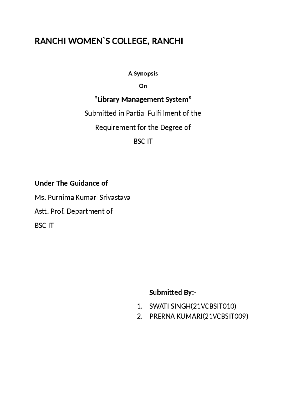 Synopsis - Project report - Computer science - RANCHI WOMEN`S COLLEGE ...