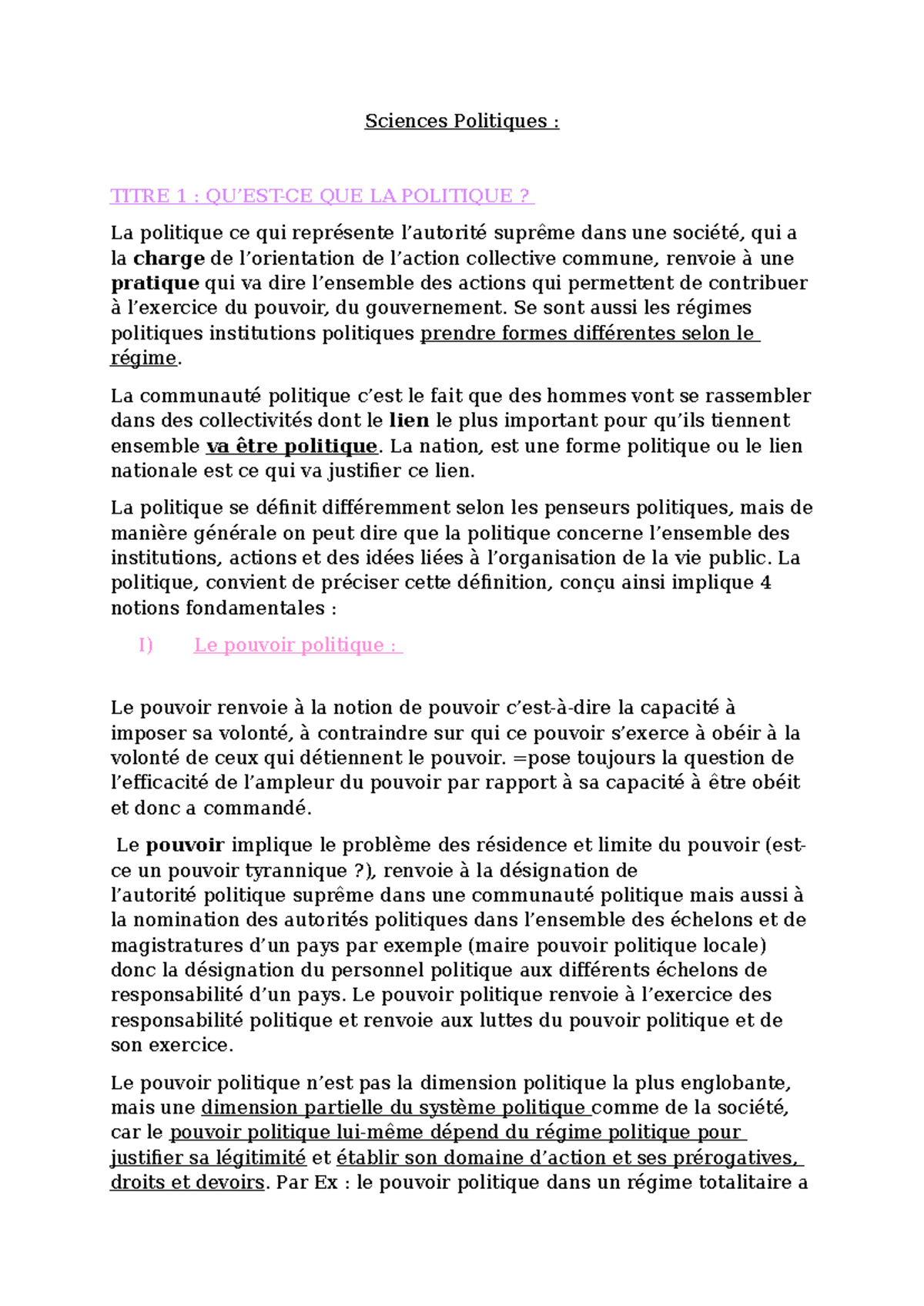 Chapitre 1 - Sciences Politiques : TITRE 1 : QU’EST-CE QUE LA POLITIQUE ...