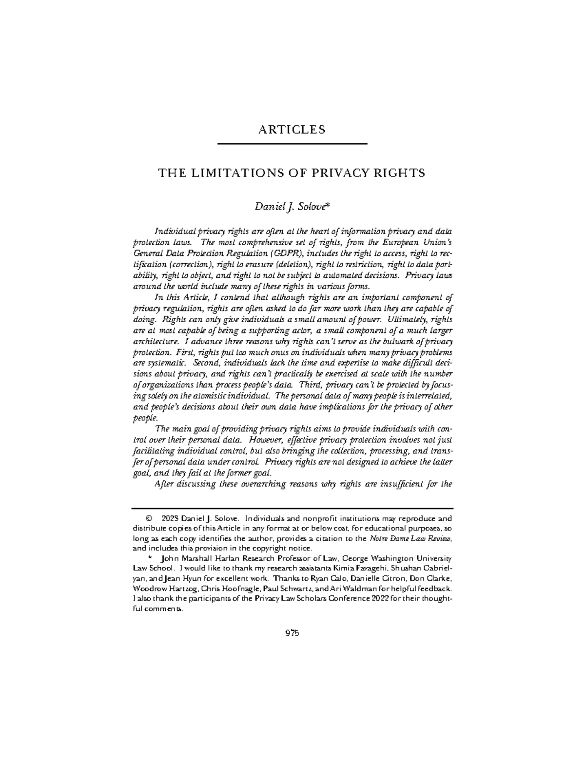 Limitation of privacy rights - 975 ARTICLES THE LIMITATIONS OF PRIVACY ...