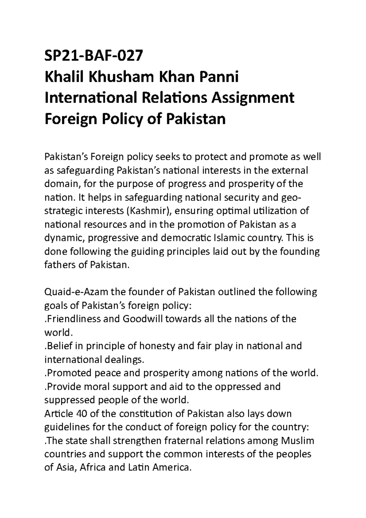International Relations Assignment Sp21-baf-027 - SP21-BAF- Khalil ...