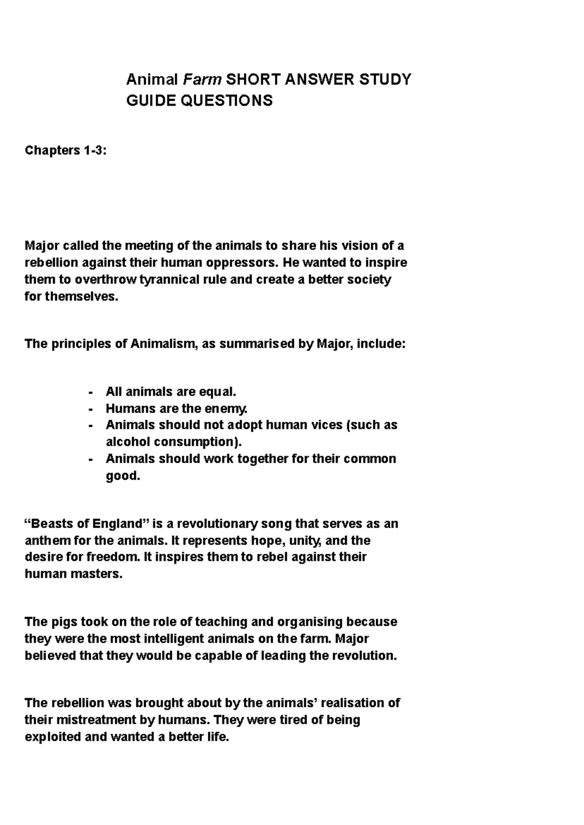 TERM 1 and 2 and a some TERM 3 Notes - Animal Farm SHORT ANSWER STUDY ...