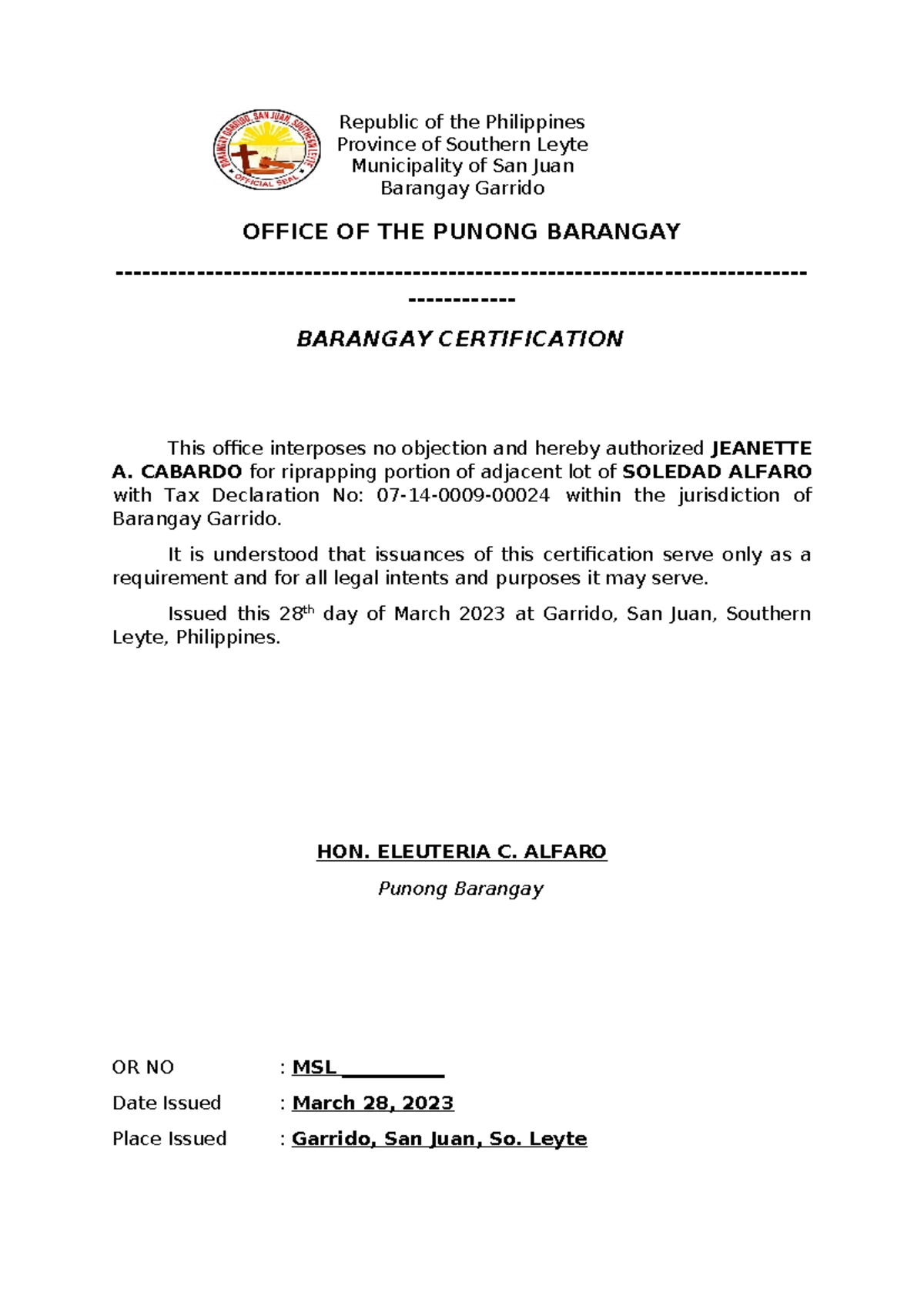 Barangay Certification FOR Reprapping - Republic of the Philippines ...