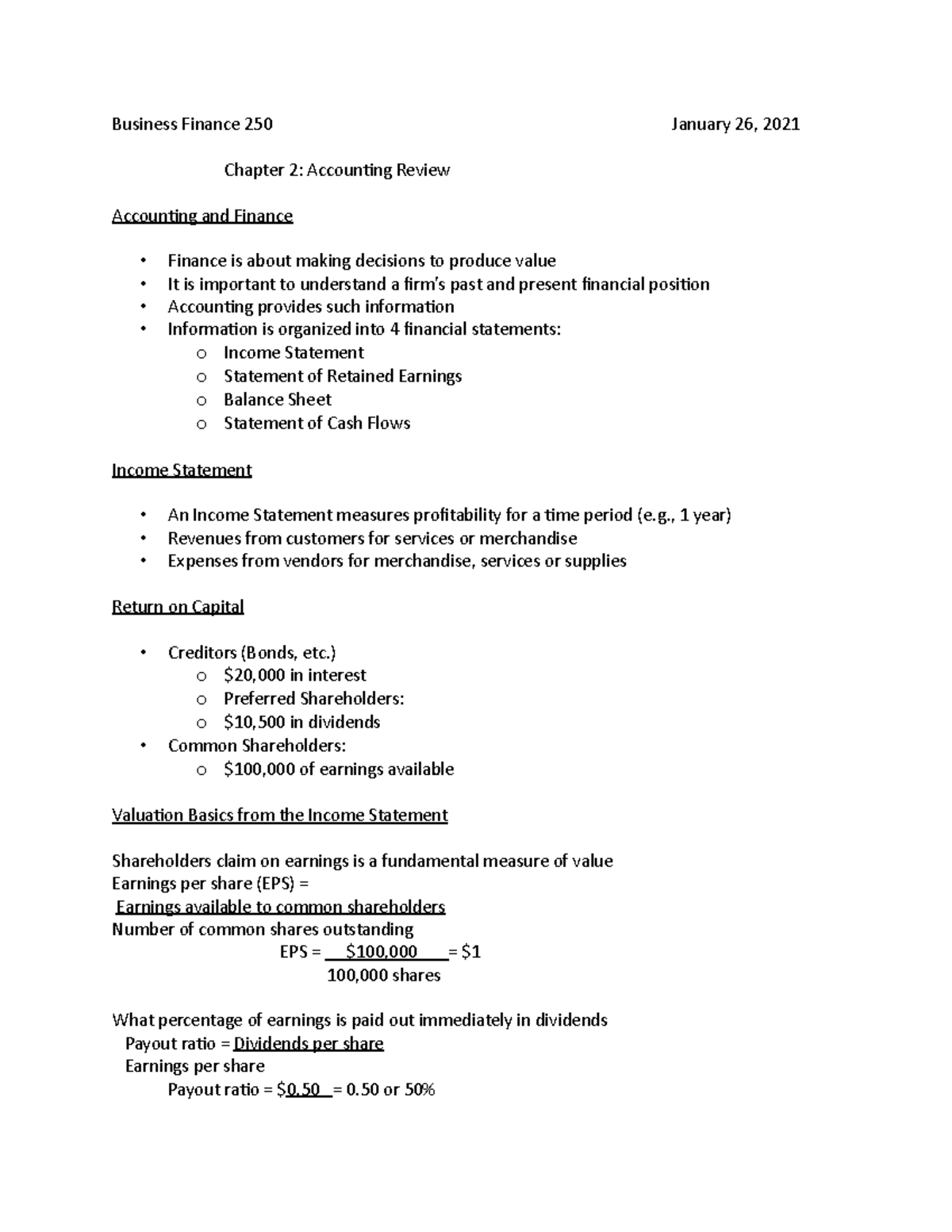 Bfinchapter 2-Review Accounting - Business Finance 250 January 26, 2021 ...