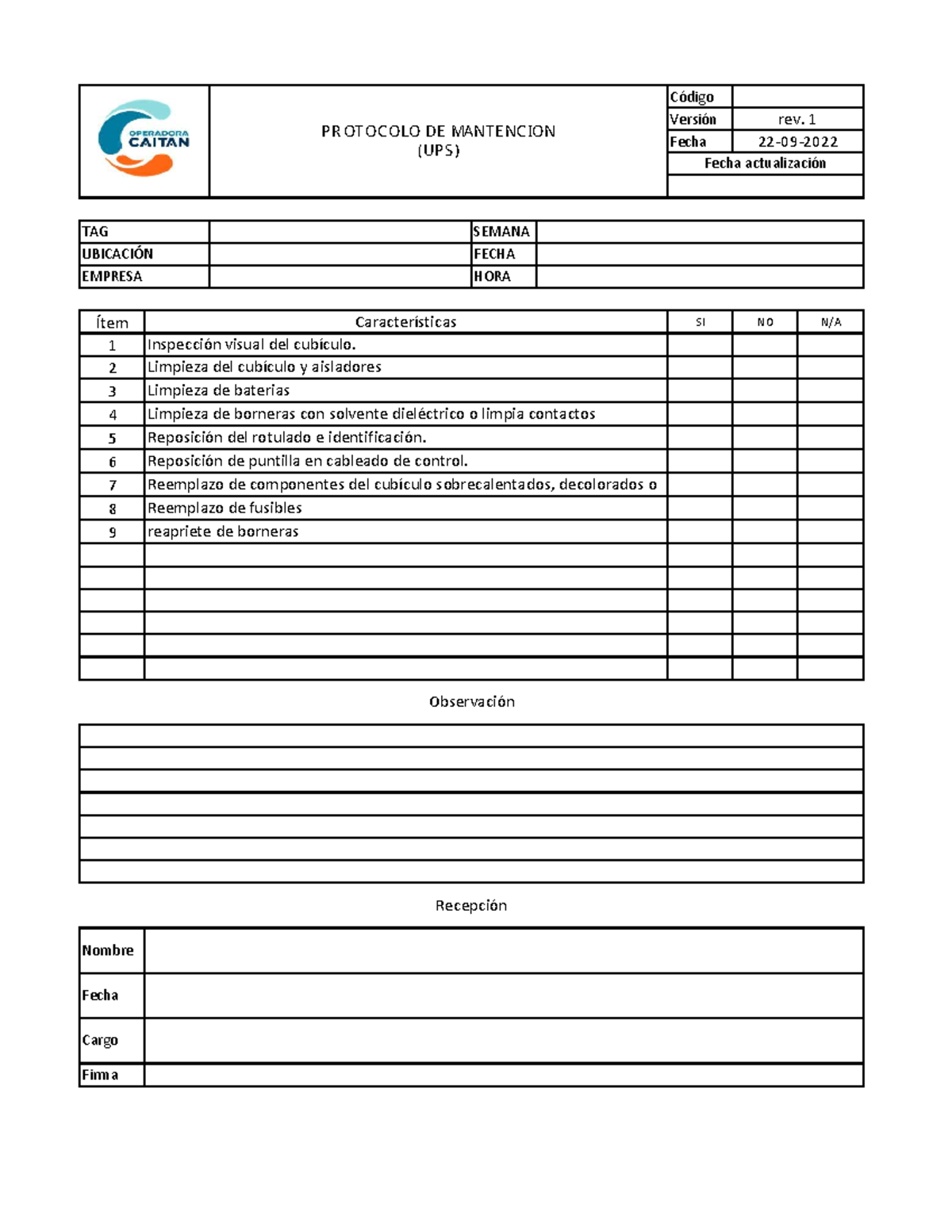 UPS - electricidad - Código Versión Fecha SEMANA FECHA HORA Ítem SI NO N/A 1 2 3 4 5 6 7 8 9 ...
