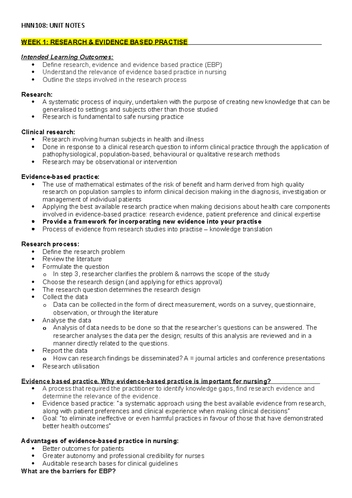 UNIT Notes - WEEK 1: RESEARCH & EVIDENCE BASED PRACTISE Intended ...