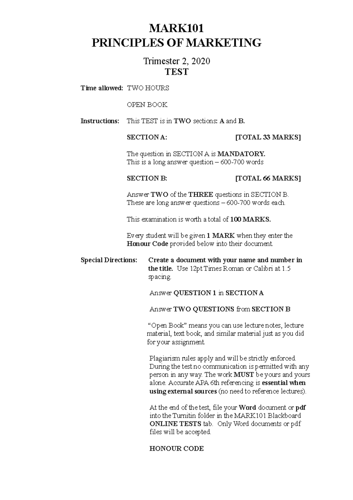 MARK101 T2 2020 Test - Lecture notes - MARK PRINCIPLES OF MARKETING ...