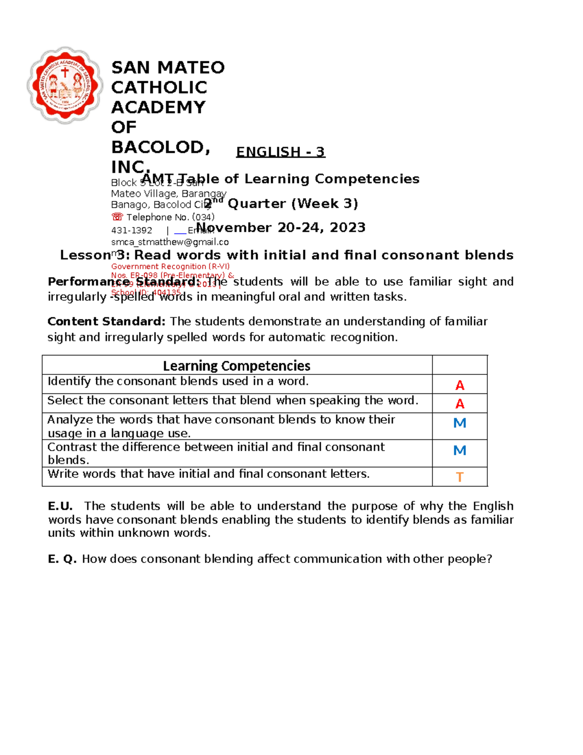 Grade 3. English - AMT - SAN MATEO CATHOLIC ACADEMY OF BACOLOD, INC ...