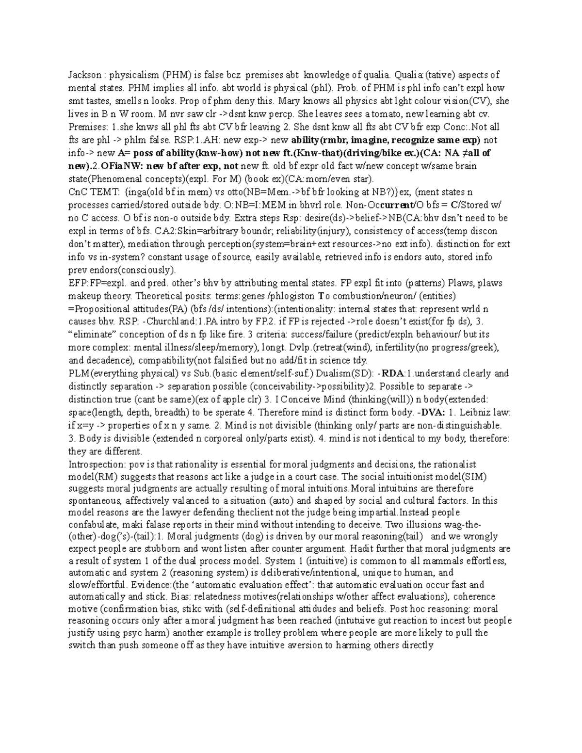 PHLB81 cheat sheet - asfdasf - Jackson : physicalism (PHM) is false bcz ...