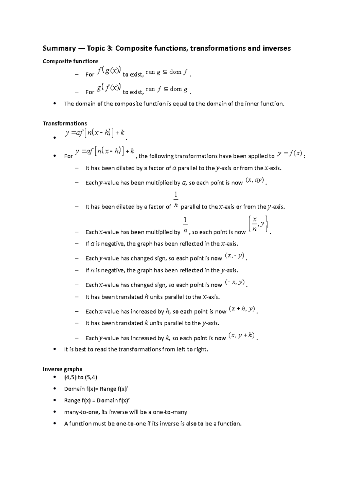 Summary — Topic 3 Composite functions, transformations and inverses - Summary — Topic 3 ...
