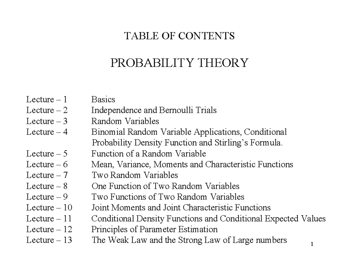 EL6303 Lecture 1A - 1 TABLE OF CONTENTS PROBABILITY THEORY Lecture – 1 Basics Lecture – 2 - Studocu