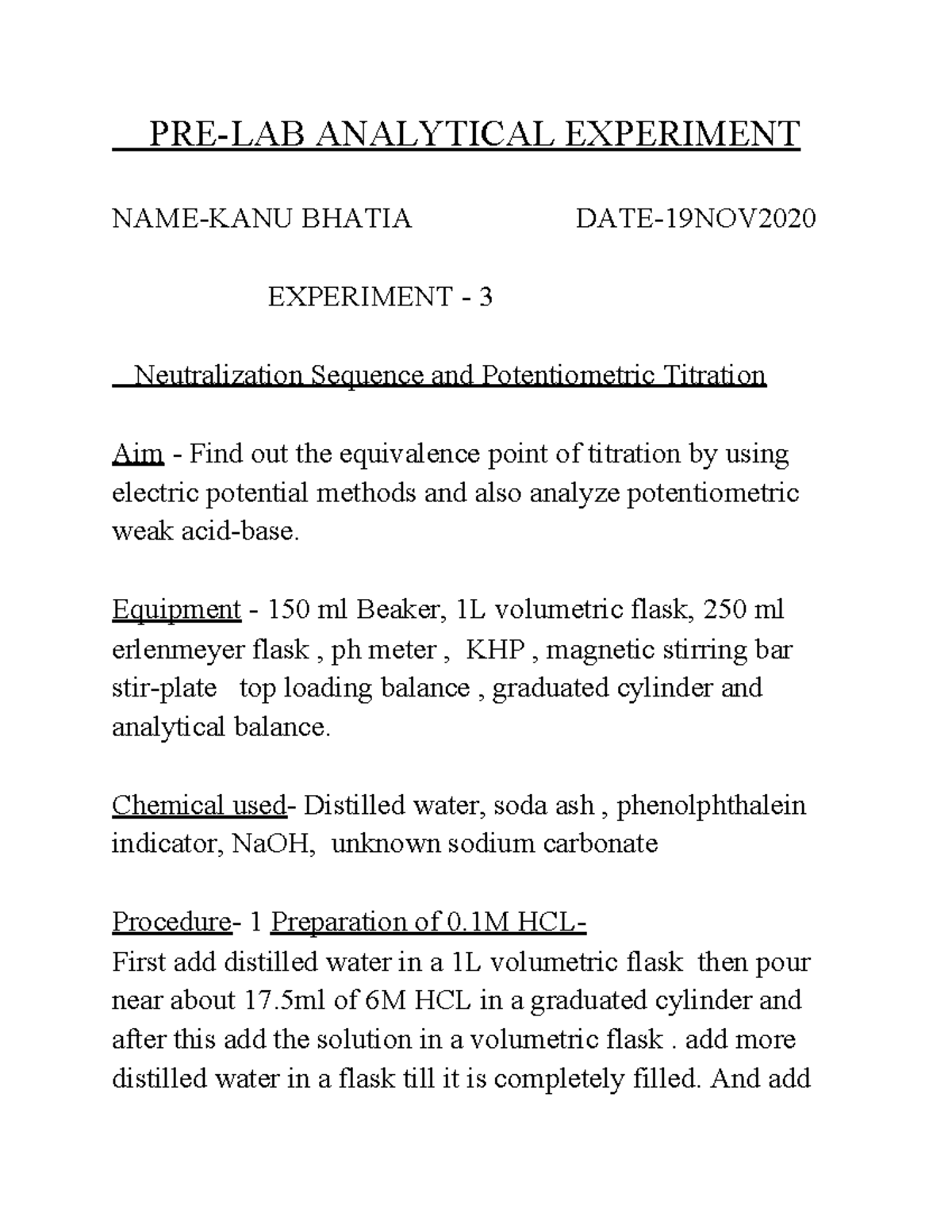 Pre lab 3 analytical - assi - PRE-LAB ANALYTICAL EXPERIMENT NAME-KANU ...