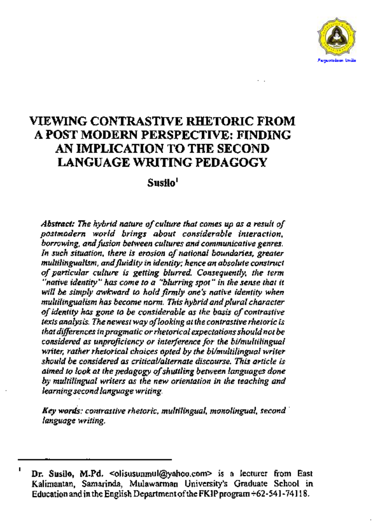 Viewing Contrastive Rhetoric FROM A POST Modern Perspective- Finding AN ...