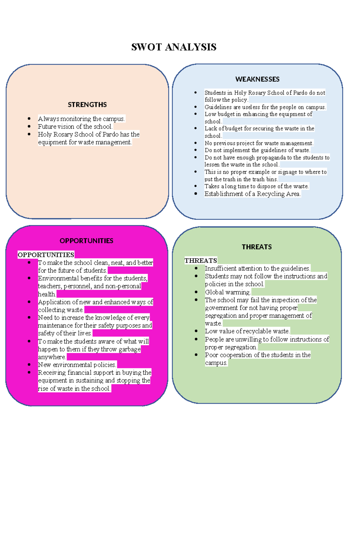 SWOT Analysis - SWOT ANALYSIS STRENGTHS Always monitoring the campus ...