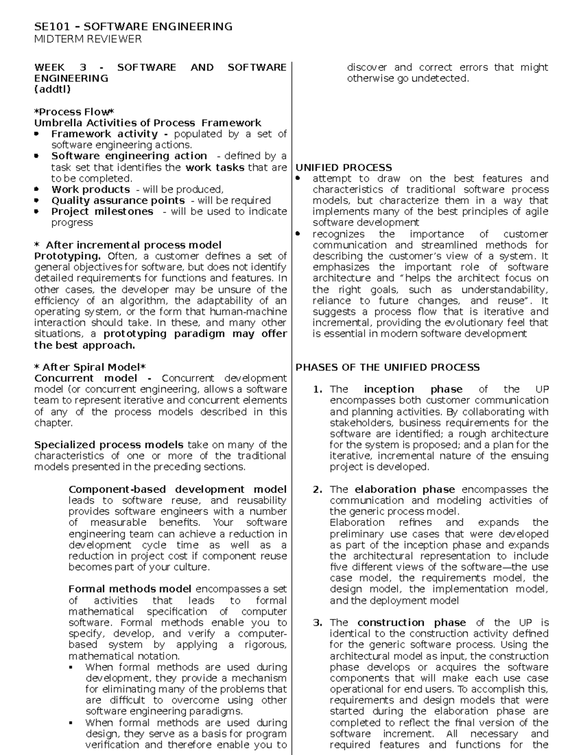 SE101 - Summary Software Engineering 1 - MIDTERM REVIEWER WEEK 3 - SOFTWARE AND SOFTWARE ...