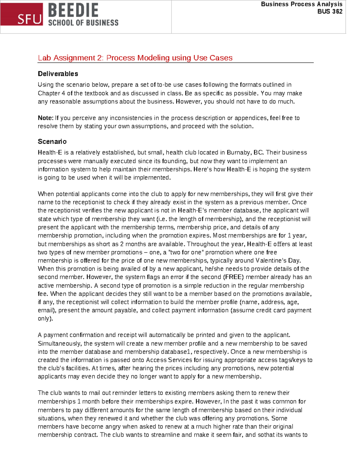 Lab2 Assignment - BUS 362 Lab Assignment 2: Process Modeling using Use Cases Deliverables Using ...