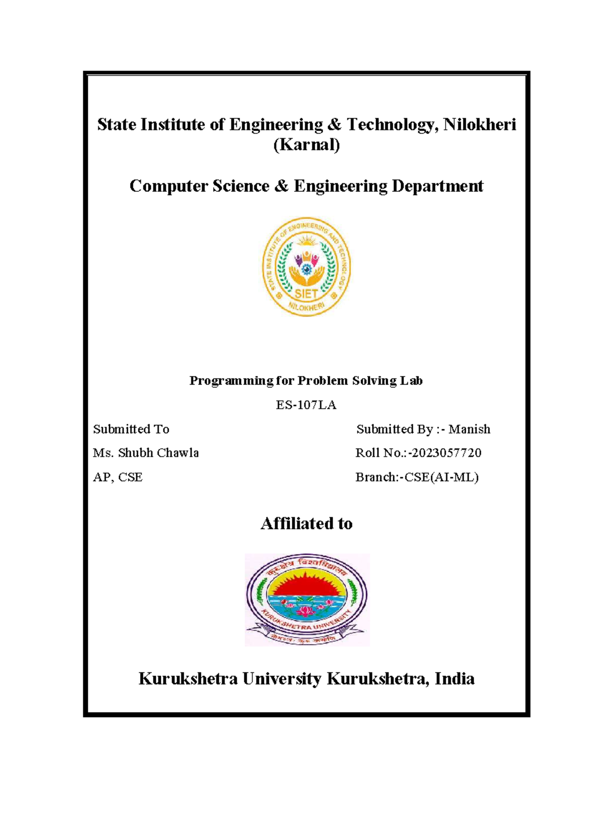 Pps manish - State Institute of Engineering & Technology, Nilokheri (Karnal) Computer Science ...