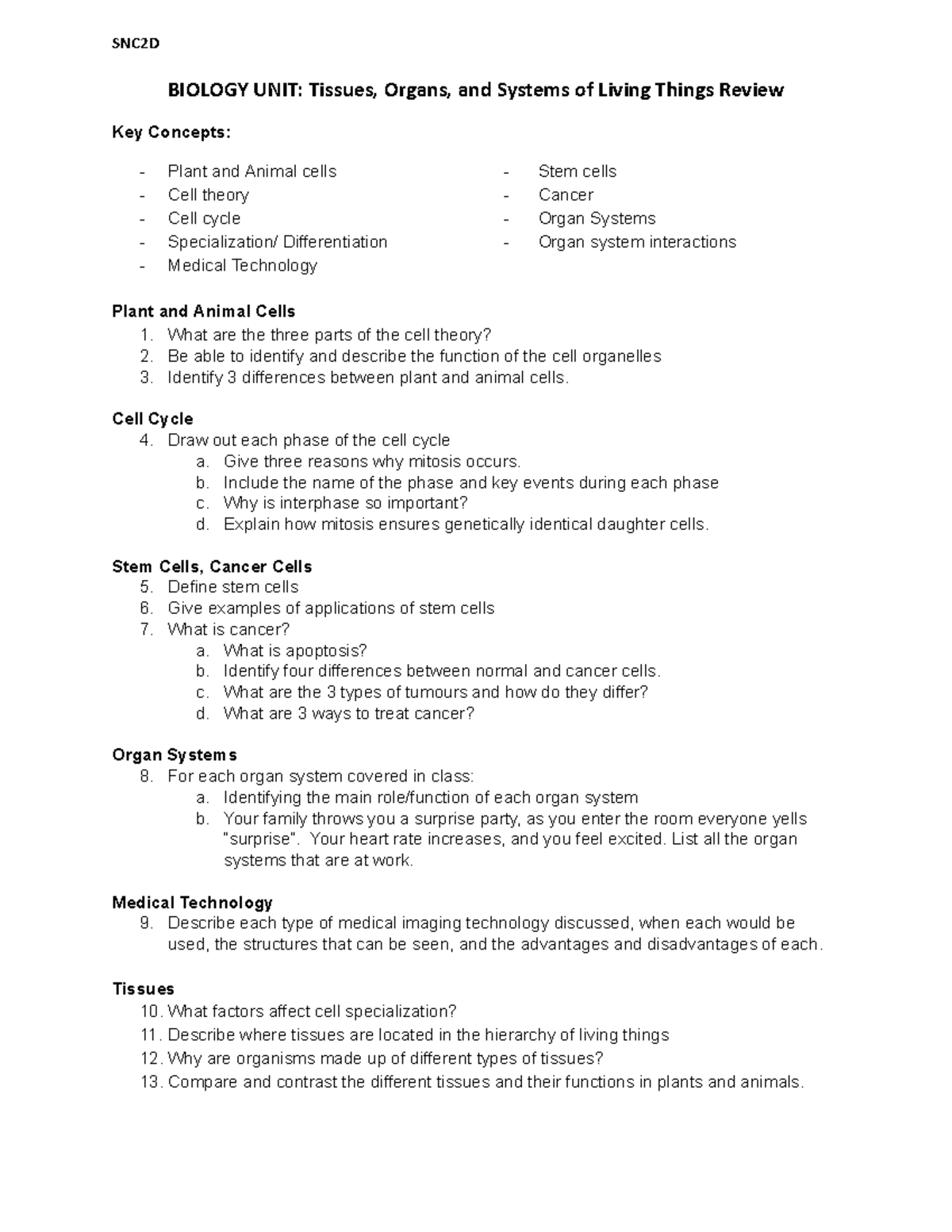 Biology Unit Review - SNC2D BIOLOGY UNIT: Tissues, Organs, and Systems ...