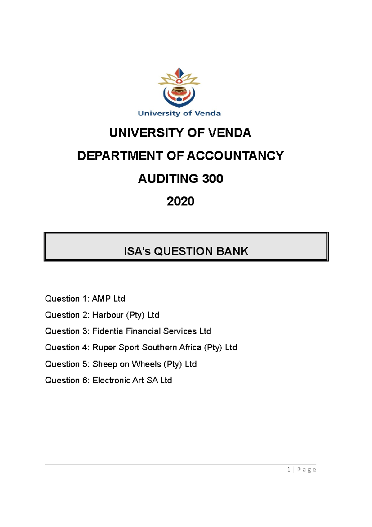 ISA Question bank 2020 - auditing standards material - UNIVERSITY OF ...