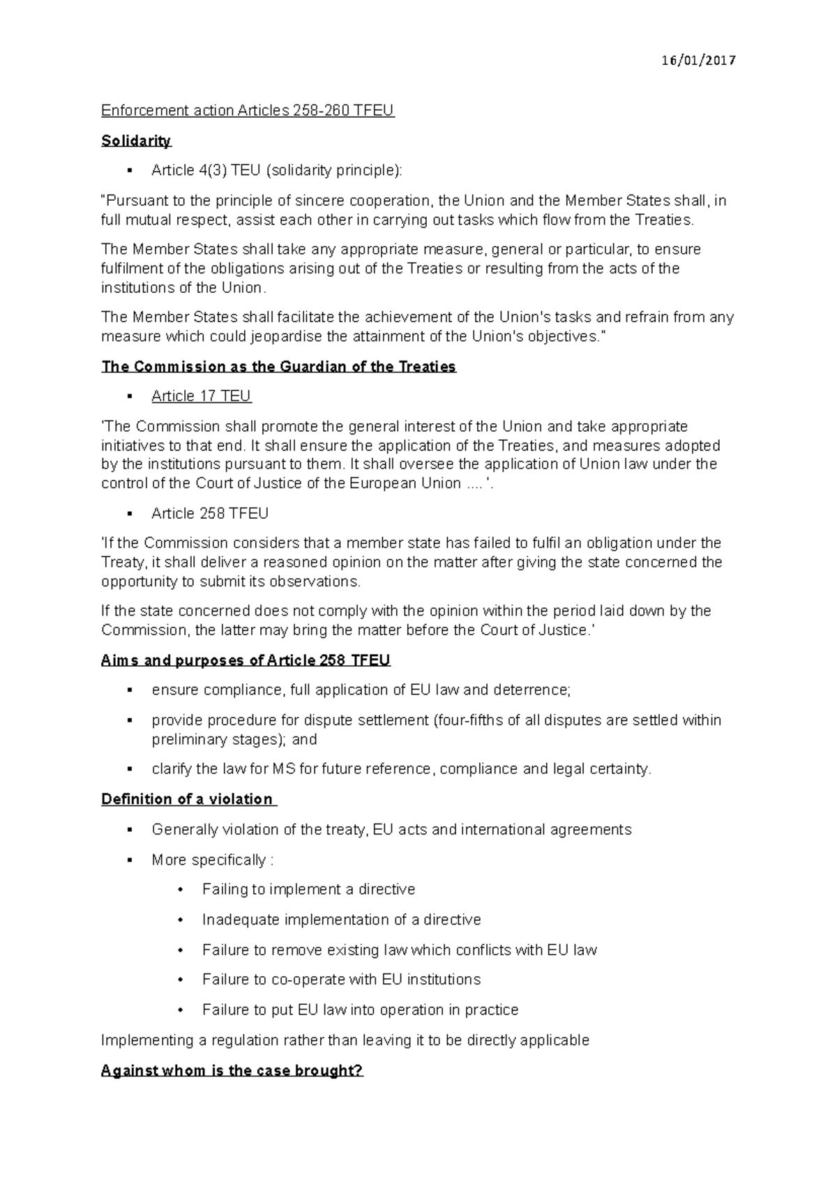 Teaching Block Two- Enforcement Action Art 258 TFEU 1 - Enforcement ...