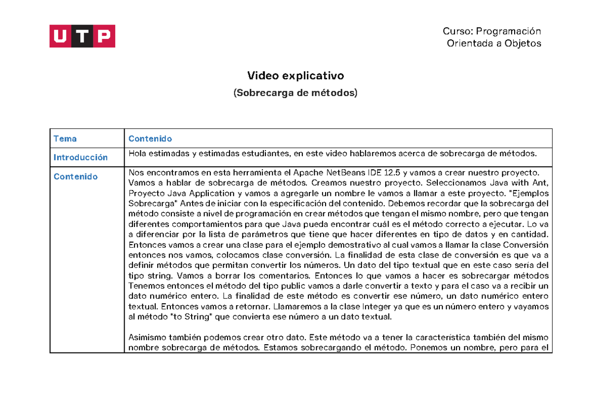 Semana 1 - Guión - Sobrecarga de métodos del curso de POO - Orientada a ...