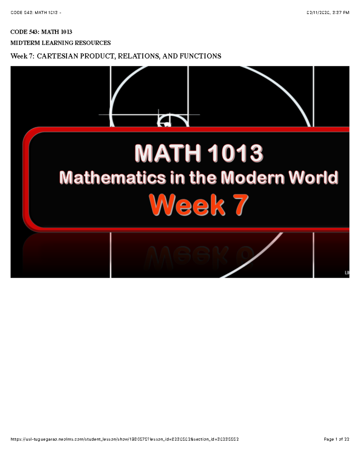 Lesson 7 math - math - BS accountancy - CODE 543: MATH 1013 MIDTERM ...