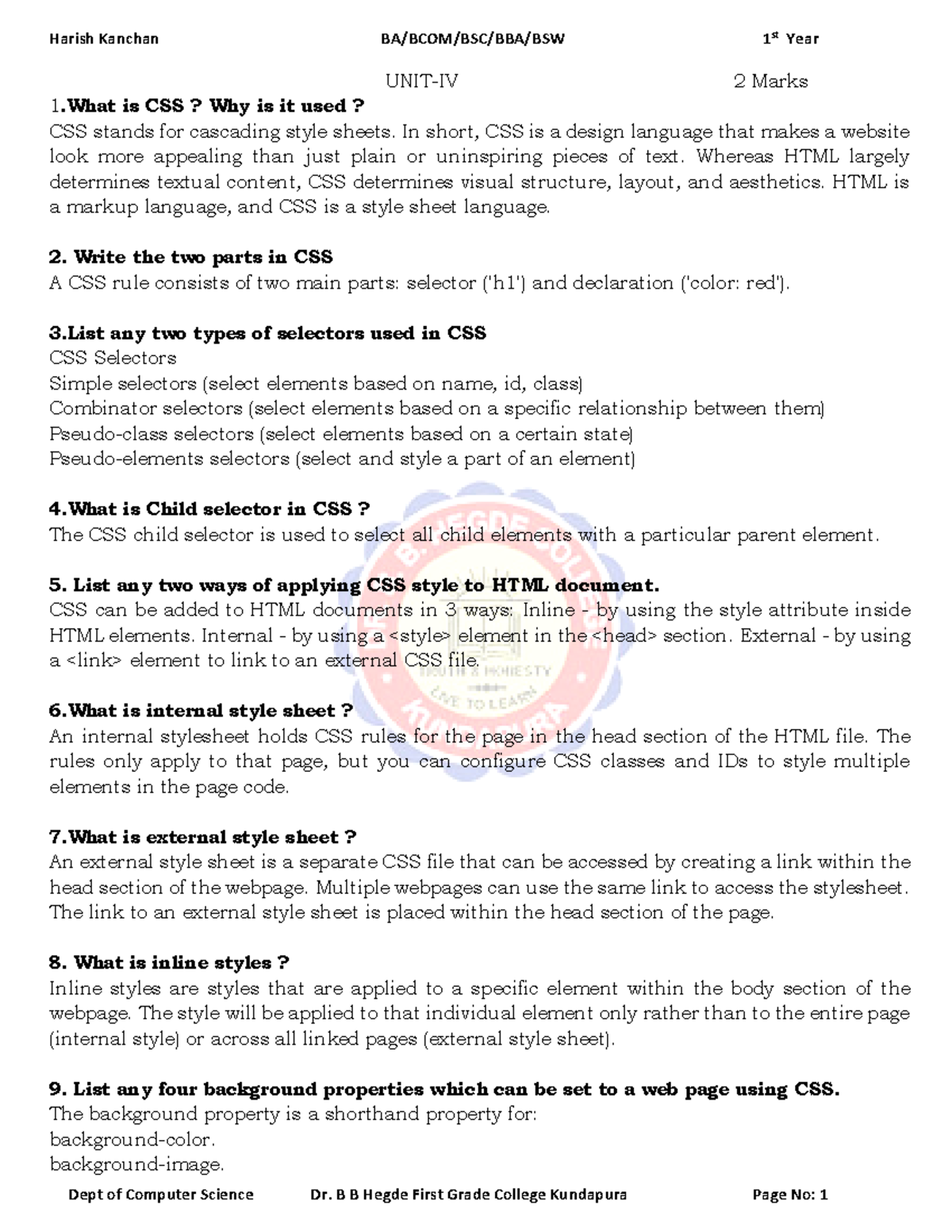 OE Web Design Unit 4 QB Solved - UNIT-IV 2 Marks 1 .What is CSS? Why is it used? CSS stands for ...