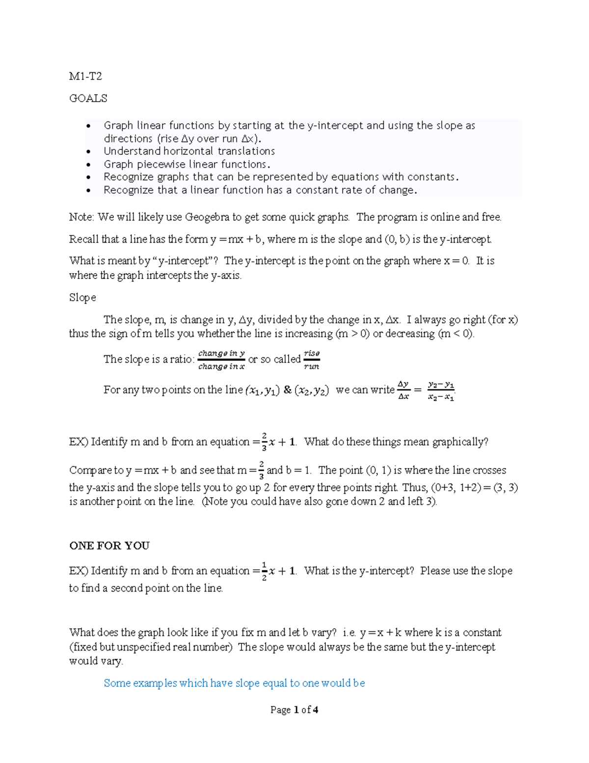 Topic 2- Linear Function Stuff - M1-T GOALS Graph linear functions by ...