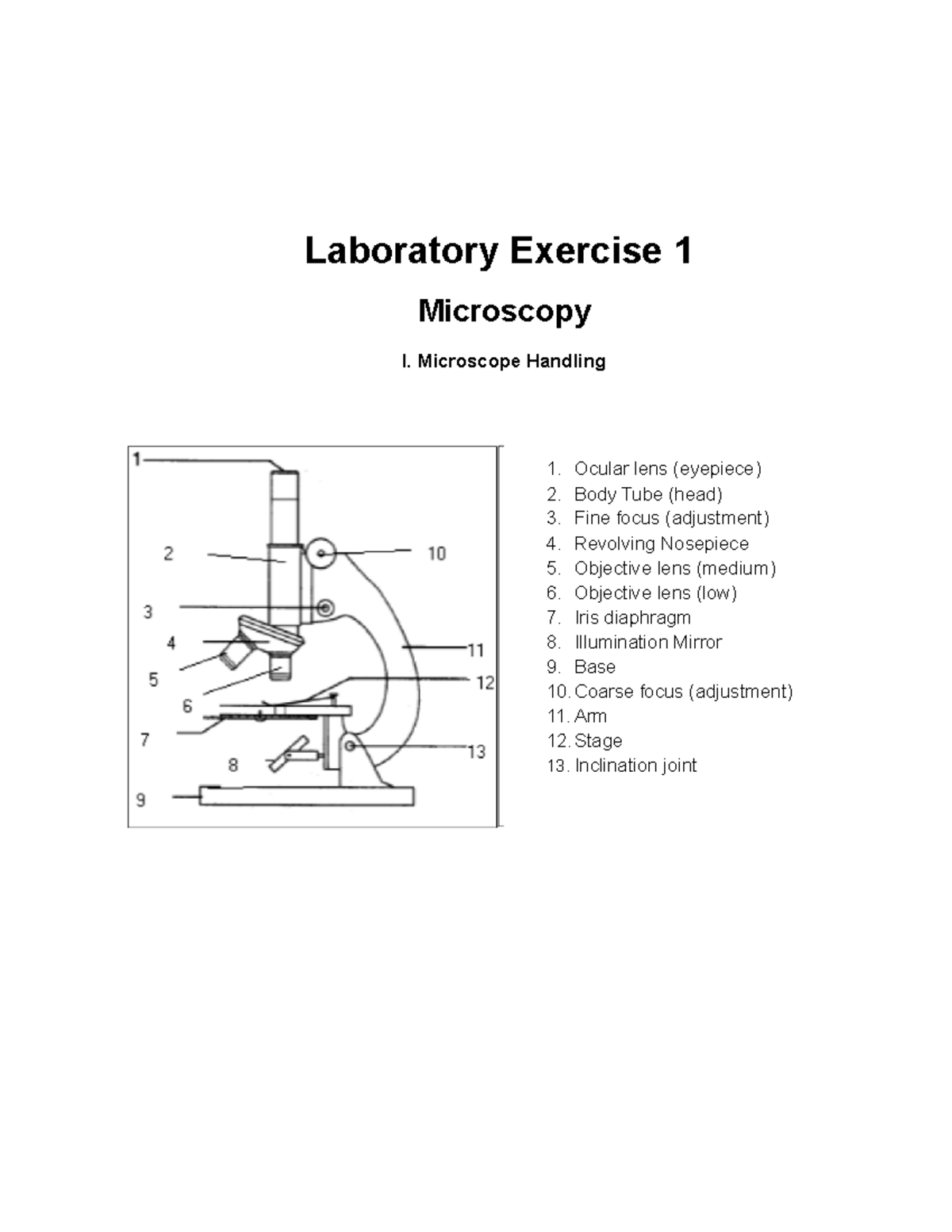 Activity 1 - Microscopy - Laboratory Exercise 1 Microscopy I. Microscope Handling Ocular lens ...