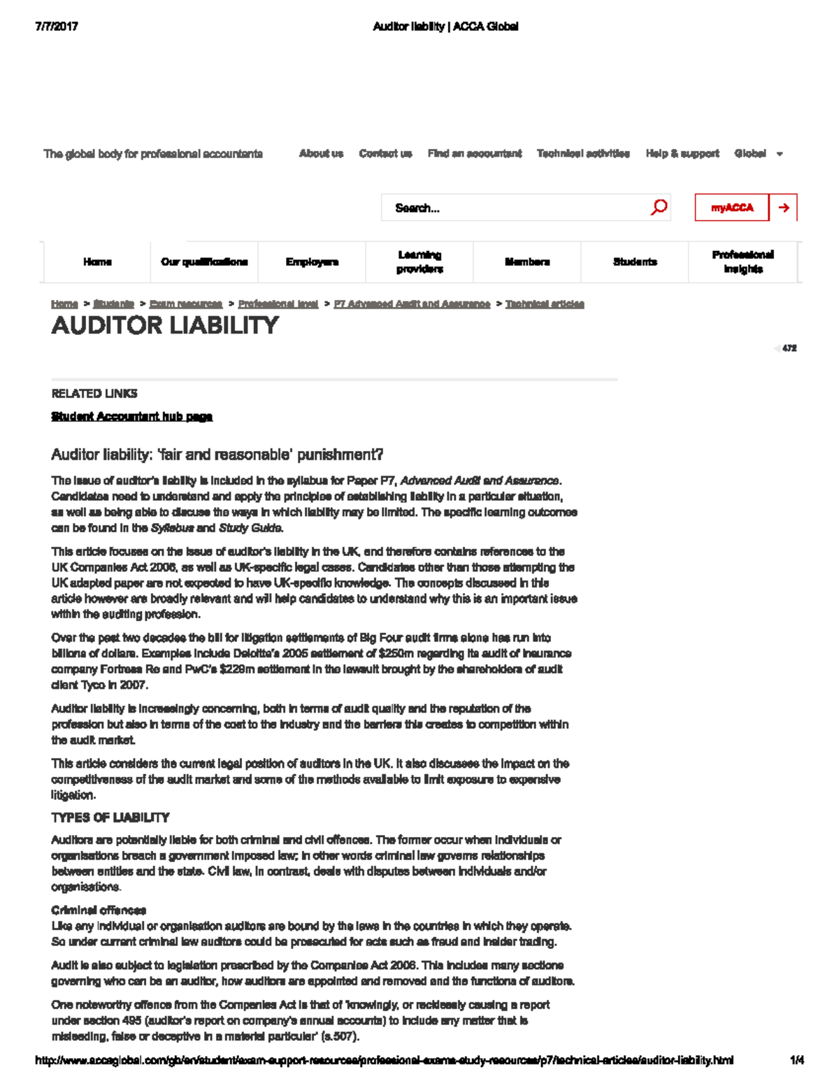 Auditor liability - Cost and Management Accountants - Studocu