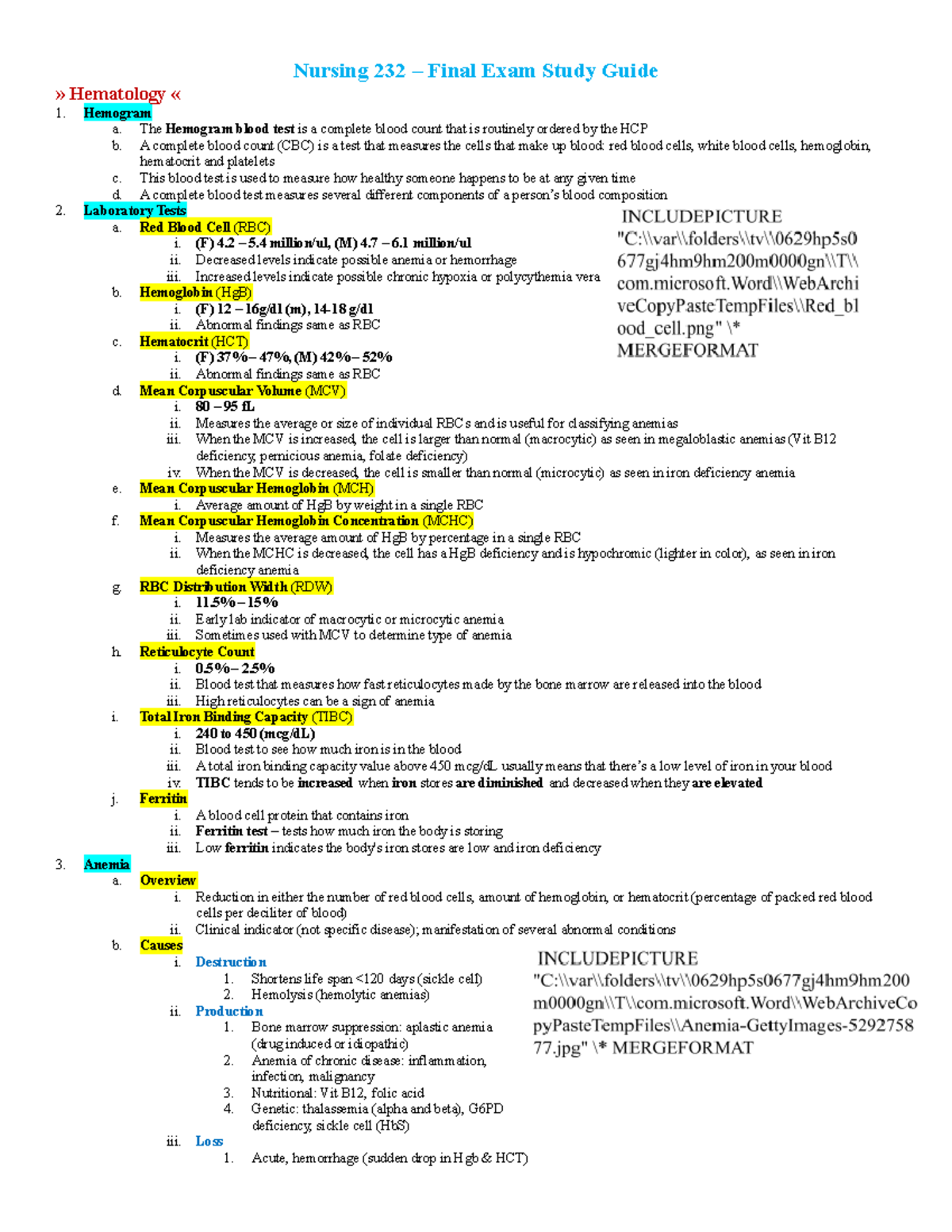 Nursing 232 - lecture Final Exam study notes - Nursing 232 – Final Exam ...