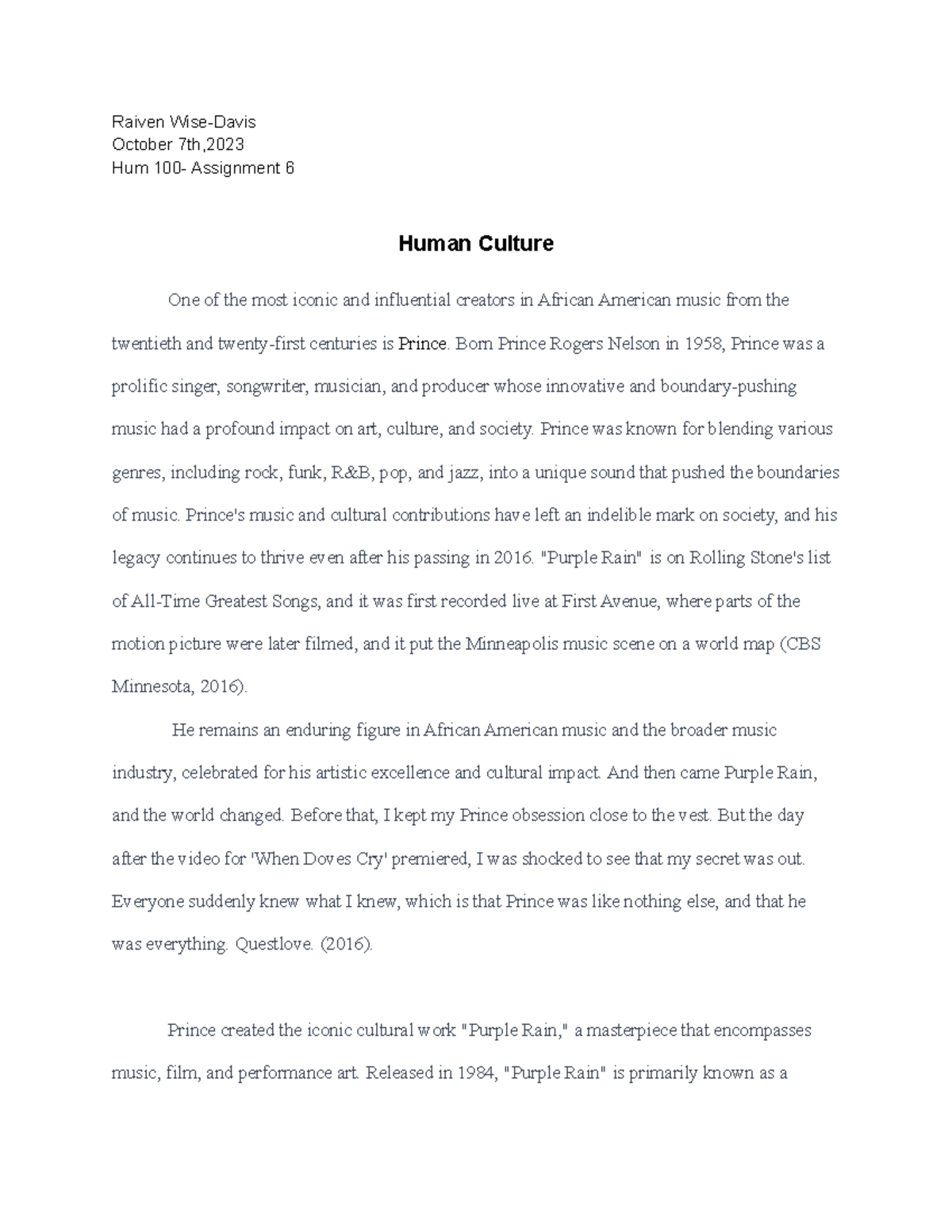 Humanities 100 Assignment 6 - Raiven Wise-Davis October 7th, Hum 100 ...