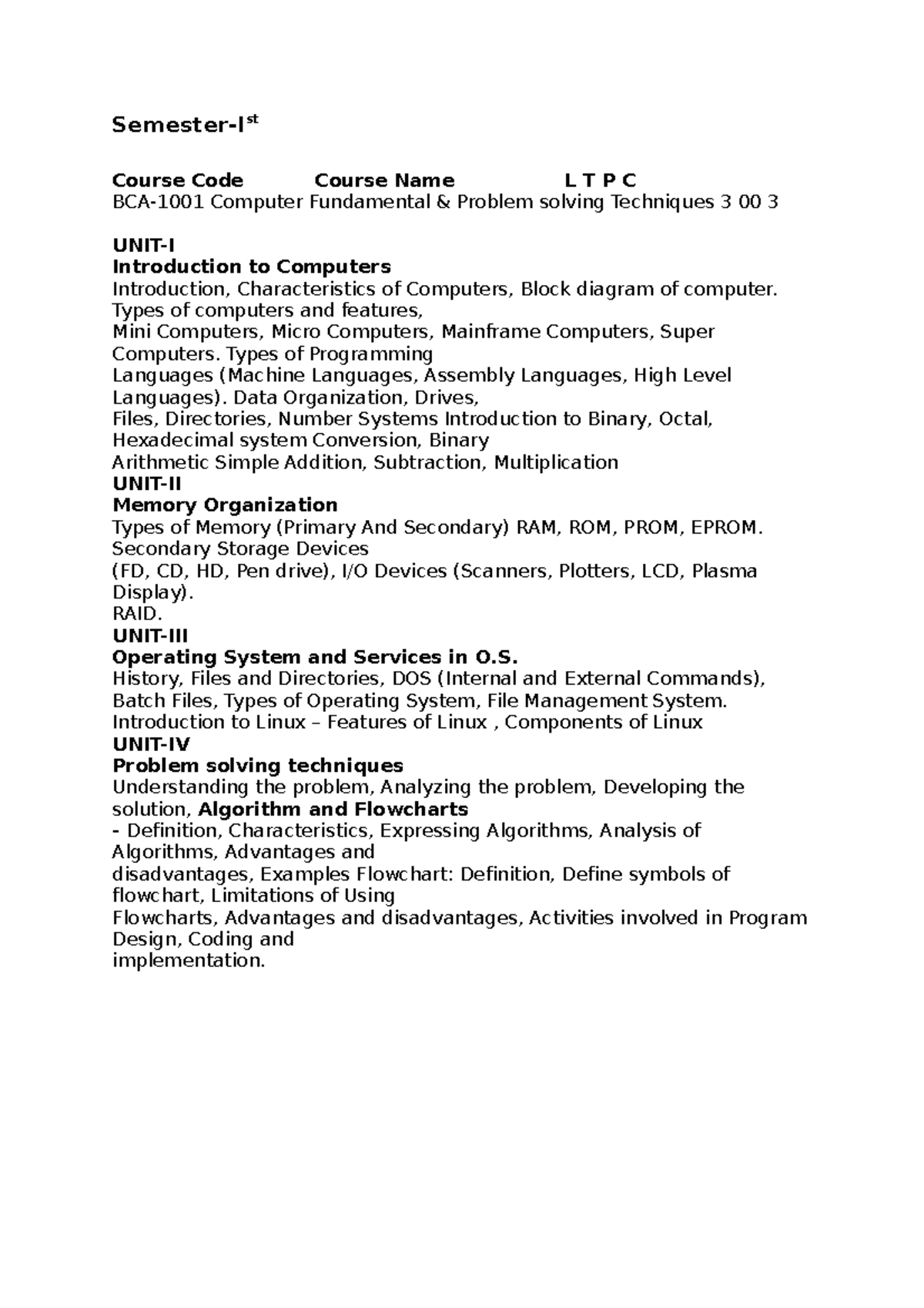 BCA-1001 Notes - THANKYOU - Semester-Ist Course Code Course Name L T P ...