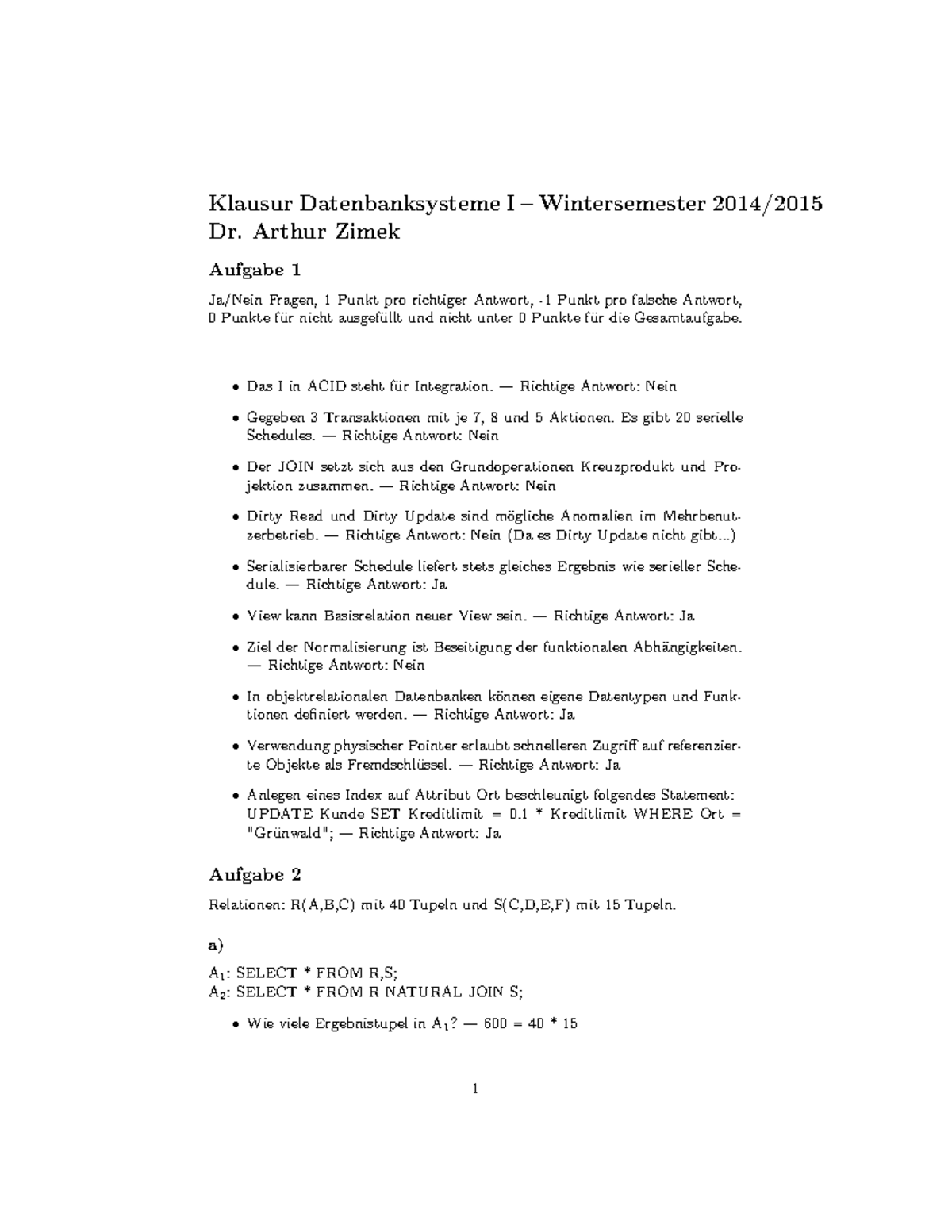 Prüfung 2014, Fragen und Antworten - Klausur Datenbanksysteme I – Wintersemester 2014/ Dr ...