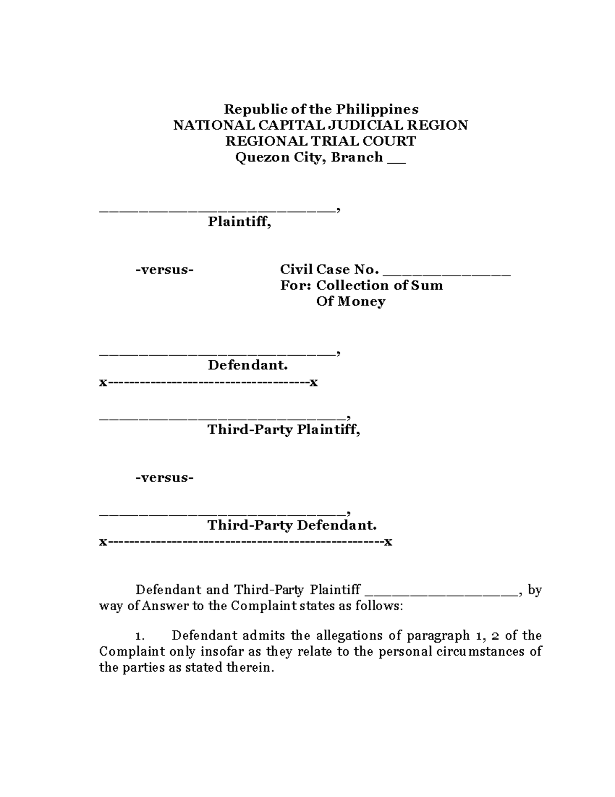 Sample-Answerrwd 3rd Partycomplaint - Republic of the Philippines ...