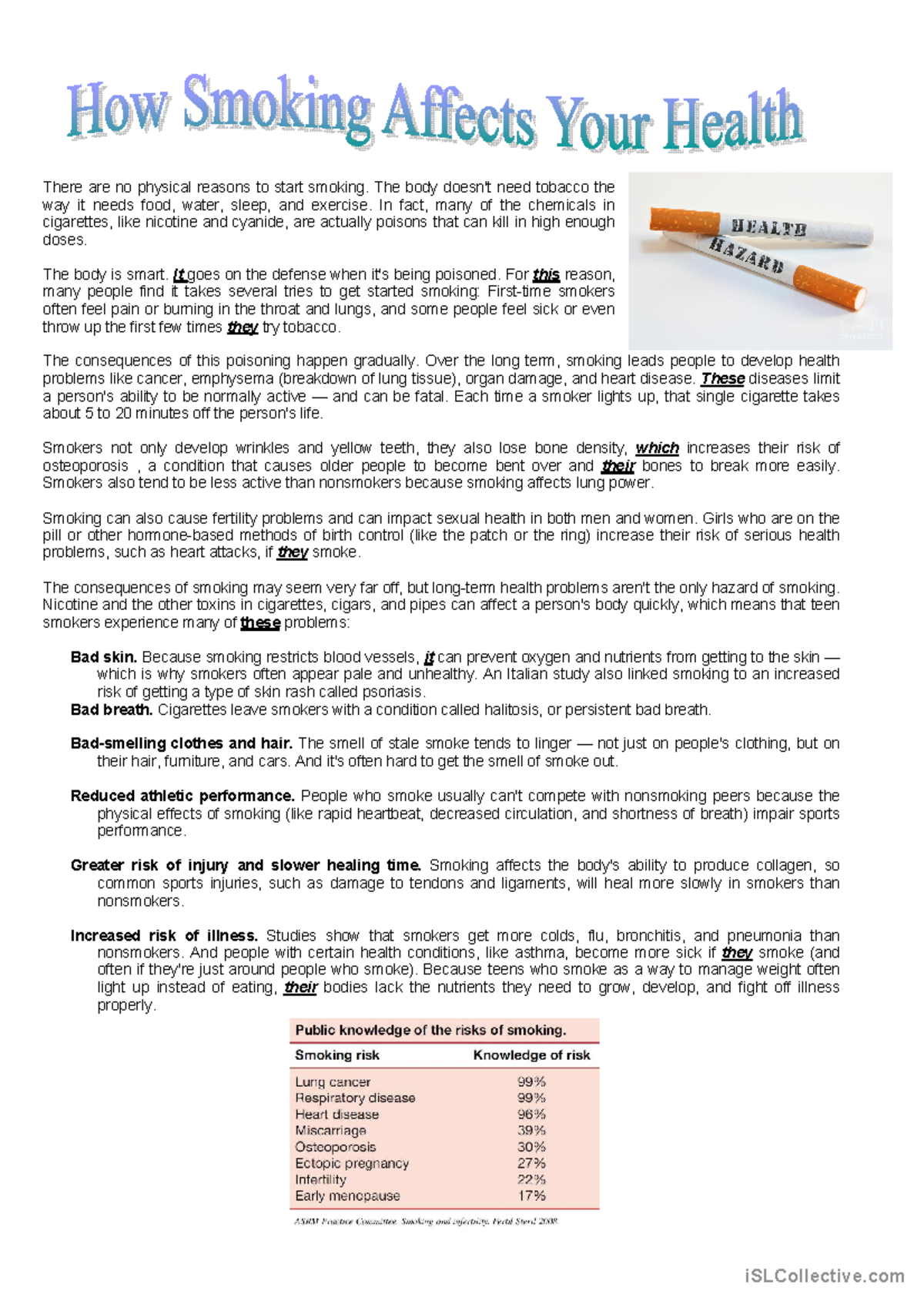How smoking affects our health - Reading comprehension exercise - There ...