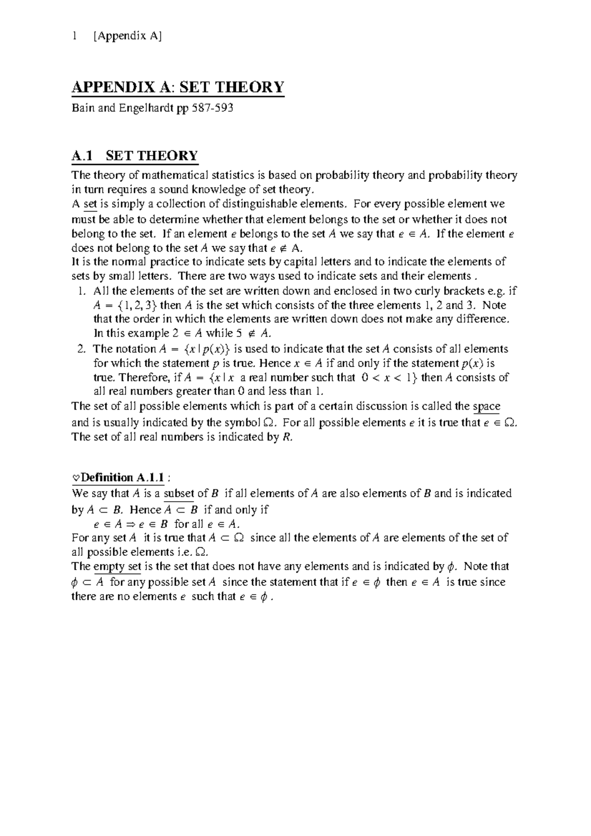 Notes - APPENDIX A : SET THEORY Bain and Engelhardt pp 587- A. 1 SET ...