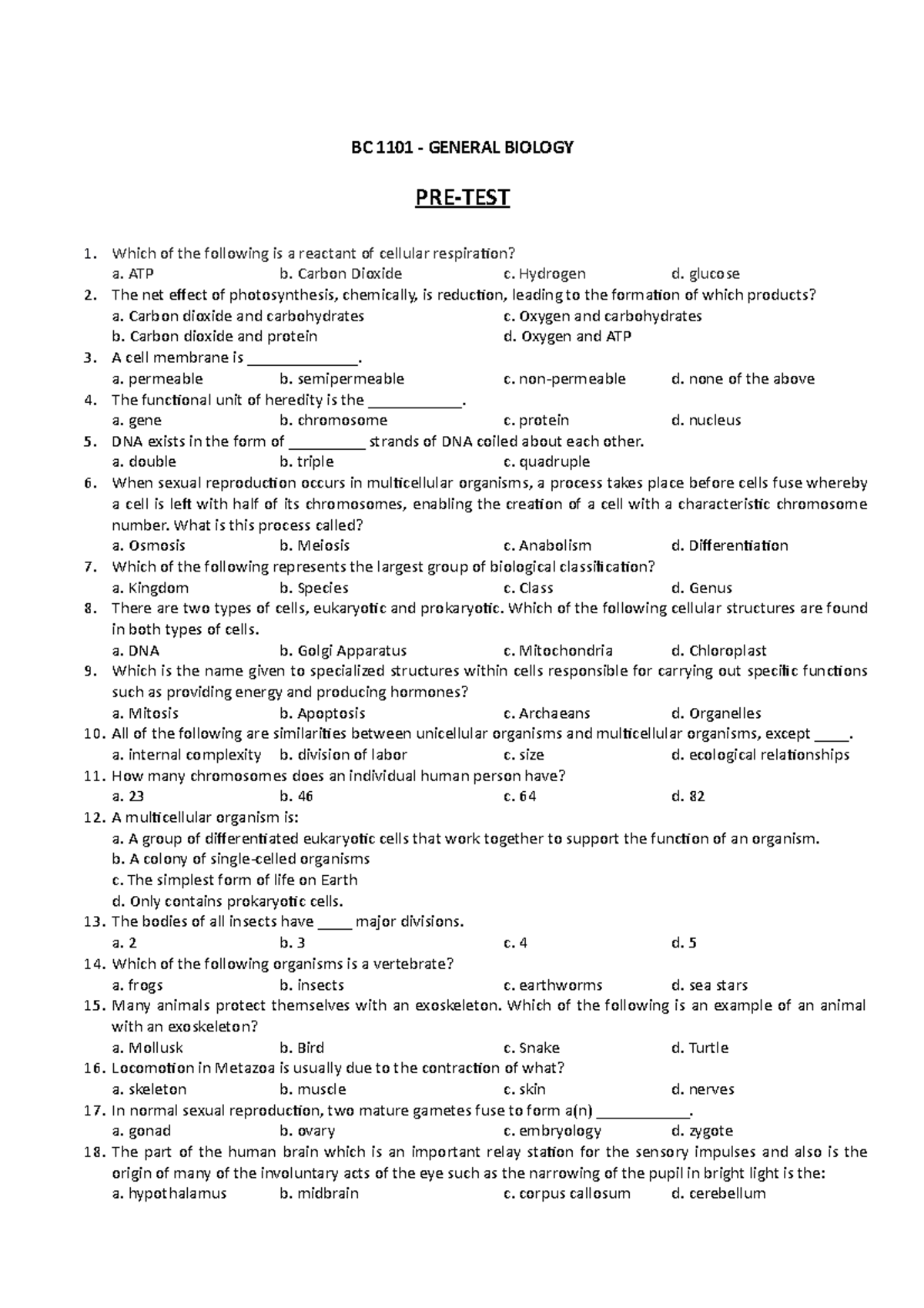 Pretest final - A 30 item multiple choice test for General Biology ...