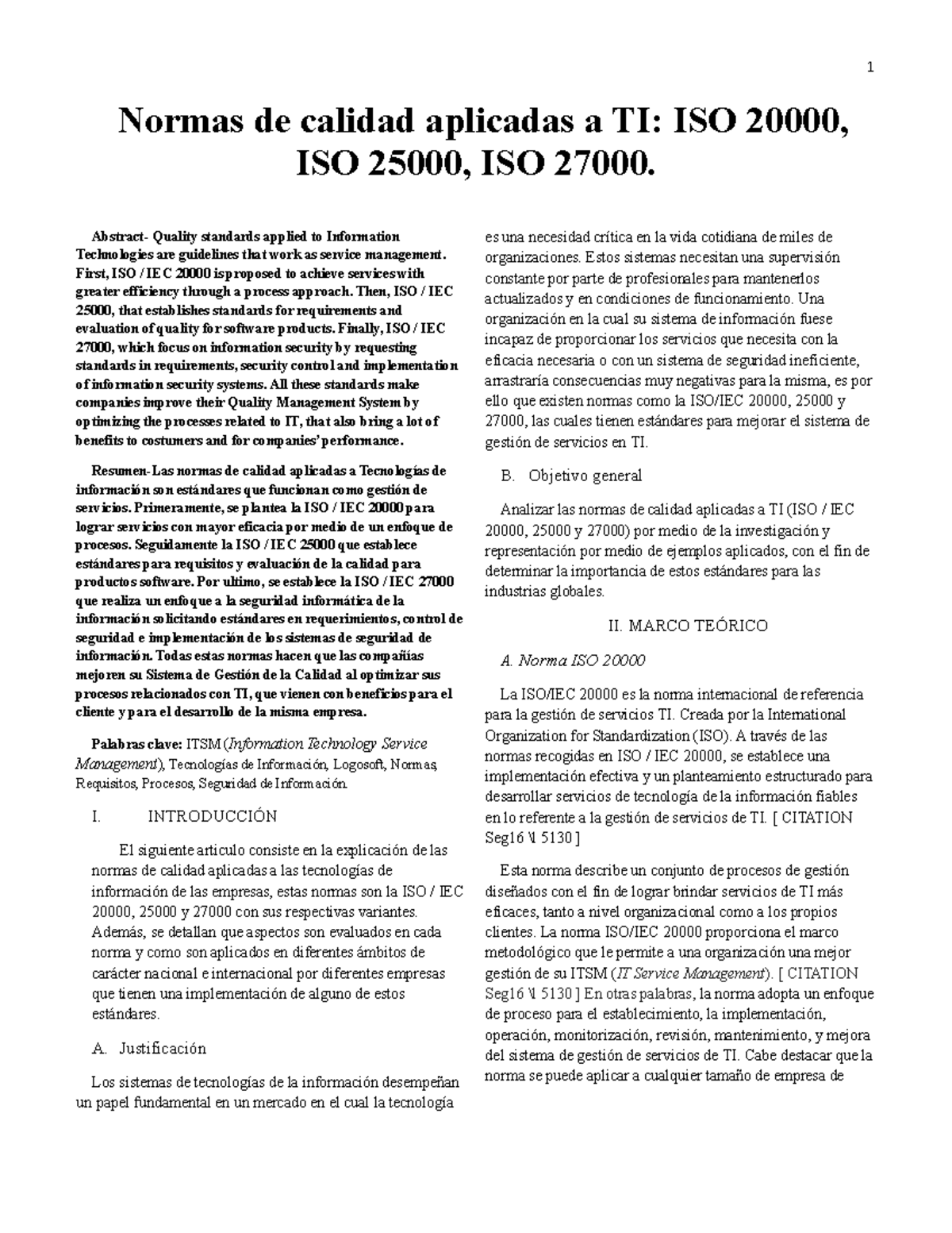 Paper Normas de Calidad Aplicadas a TI - Normas de calidad aplicadas a TI: ISO 20000, ISO 25000 ...