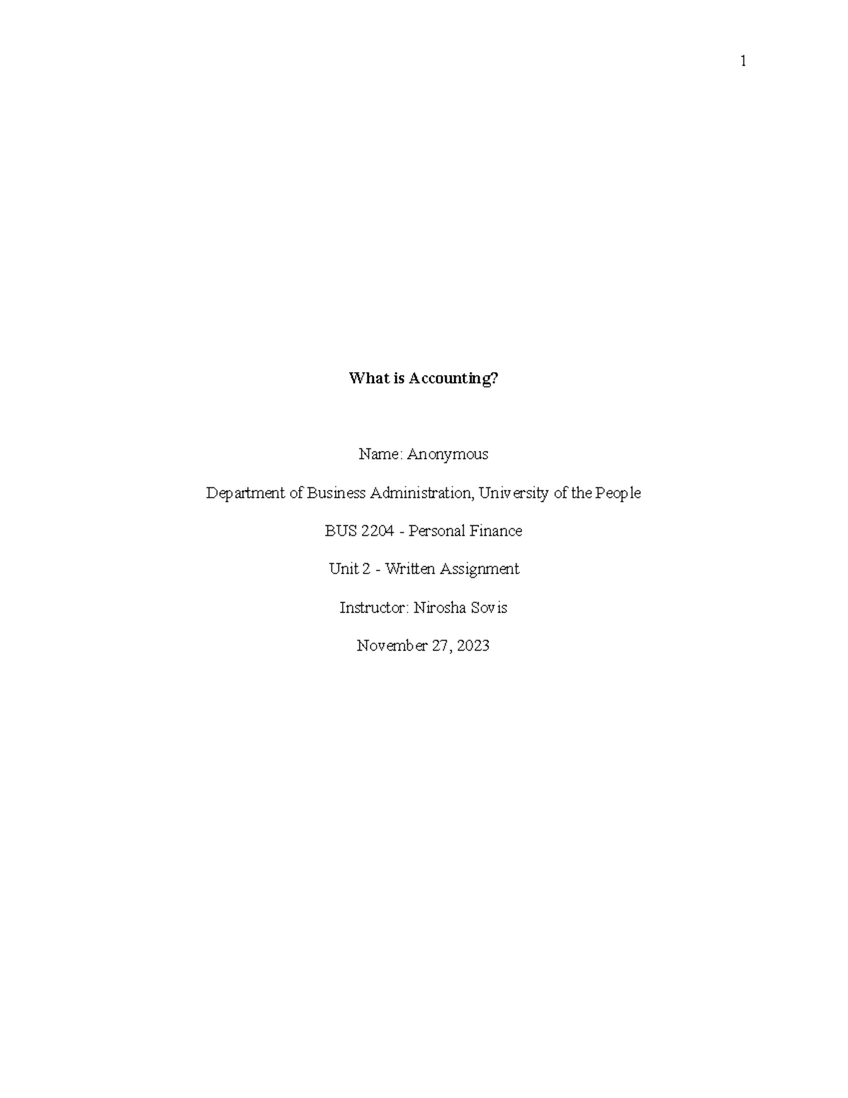 Personal Finance - Unit 2 - Written Assignment - What is Accounting ...