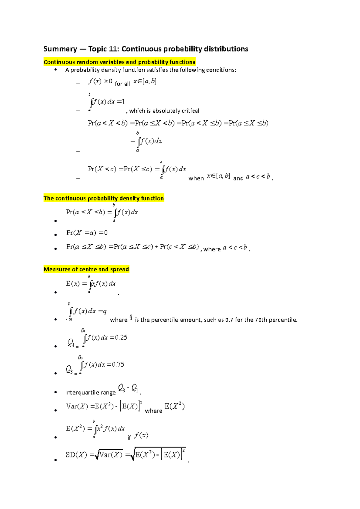 Summary — Topic 11 Continuous probability distributions - Summary ...