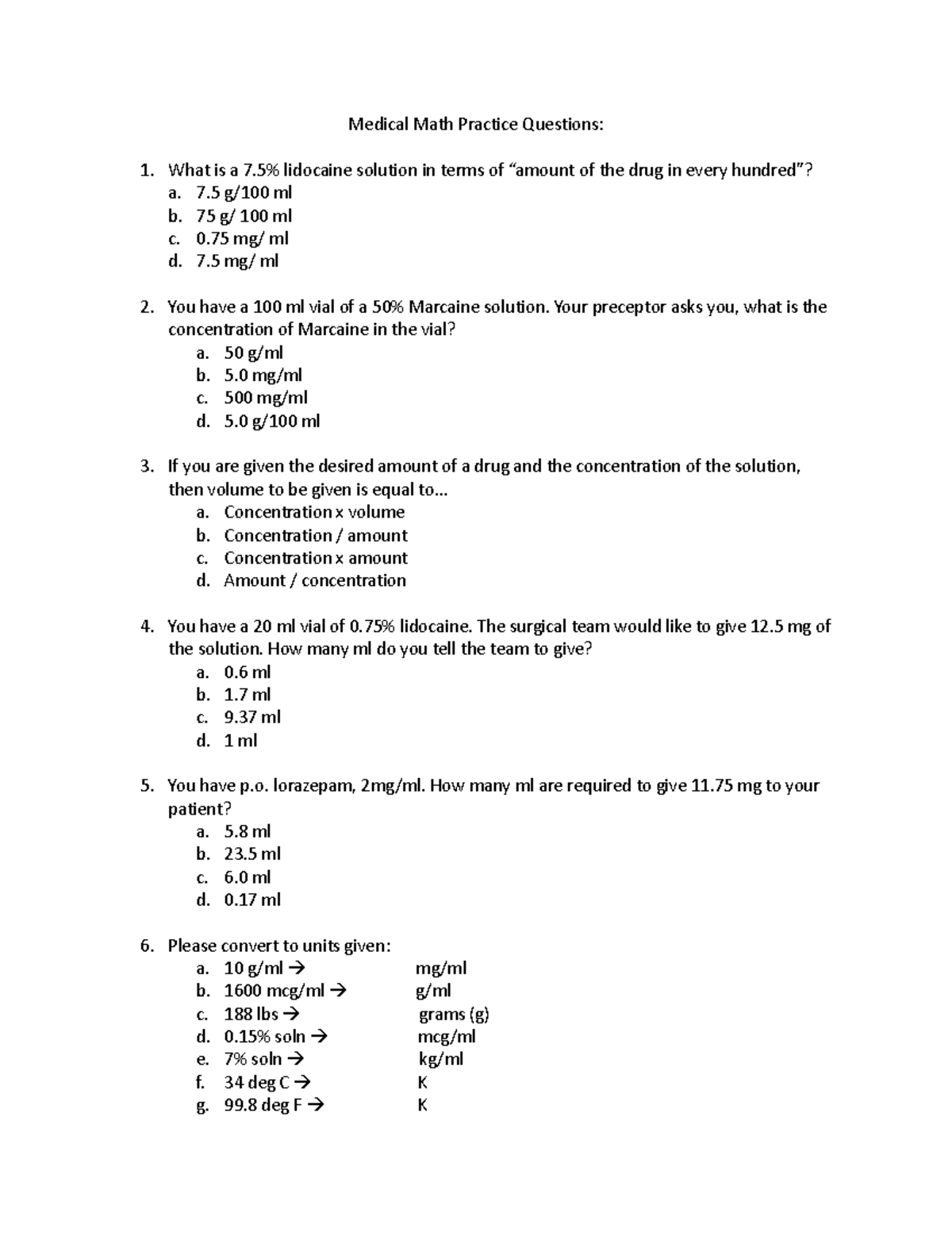 Medical Math Practice Questions - Medical Math Practice Questions: What ...