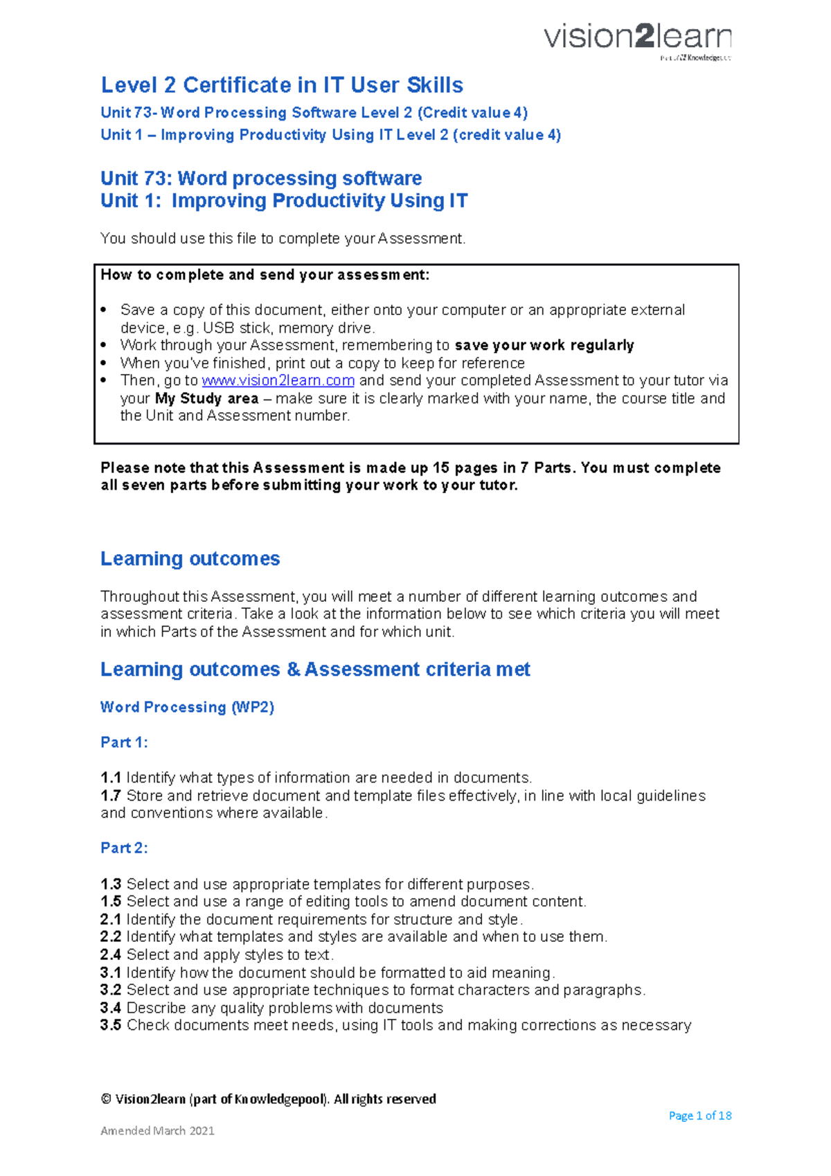 WP2 Assessment - MS office - Unit 73- Word Processing Software Level 2 ...