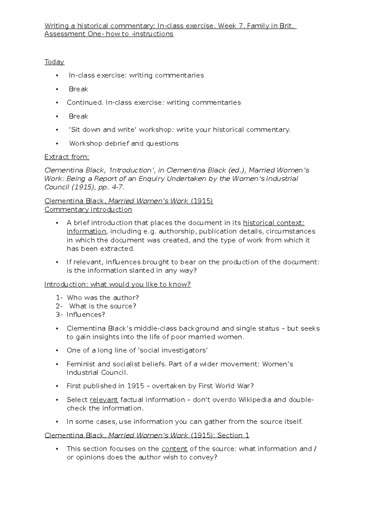 Today - Writing a historical commentary: In-class exercise. Week 7 ...