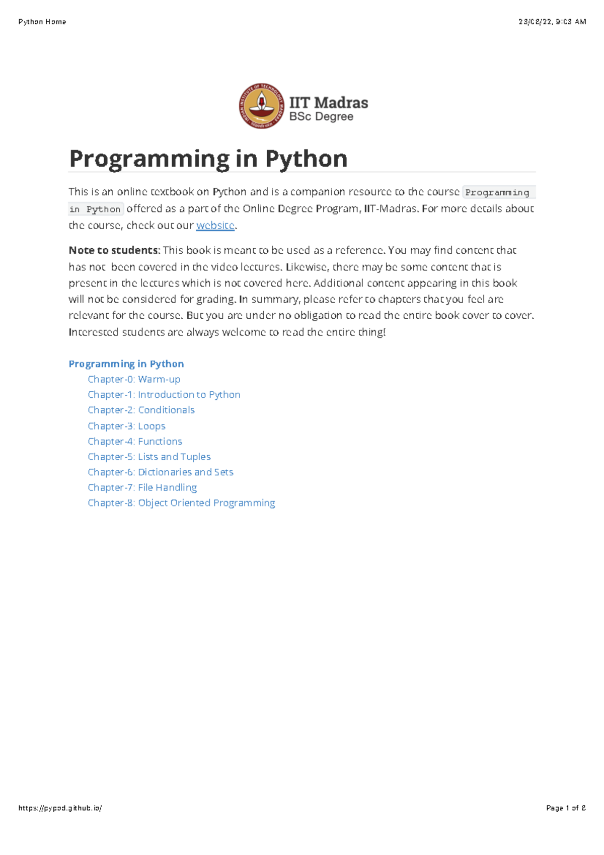 Python Home - ITMadras BScDegree !"#$"%&&'($)'()!*+,#( - Studocu