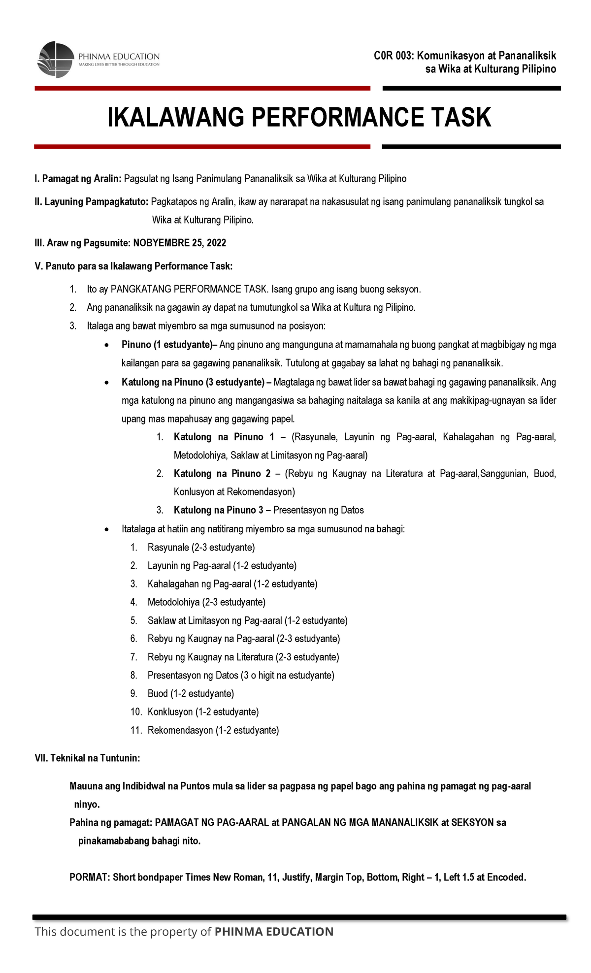 COR 003 Ikalawang Performance TASK - C0R 003: Komunikasyon at Pananaliksik sa Wika at Kulturang ...