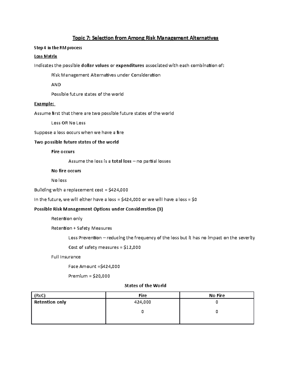Topics 7,8,9 - Notes - Topic 7: Selection from Among Risk Management ...