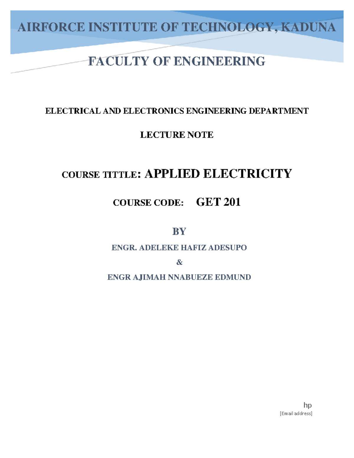 GET 201 - Introduction to Applied Electricity - AIRFORCE INSTITUTE OF ...