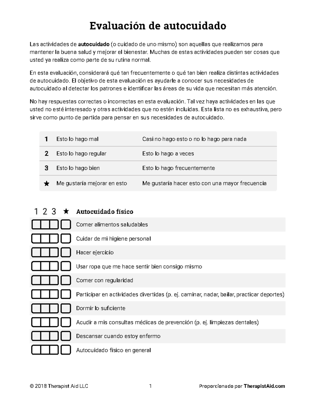 Evaluación auto cuidado - Evaluación de autocuidado © 2018 Therapist ...