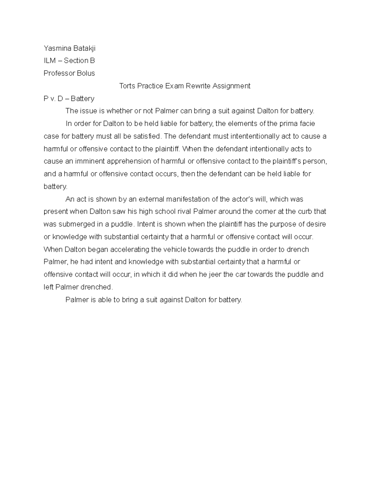 Tort rewrite - notes - Yasmina Batakji ILM – Section B Professor Bolus ...