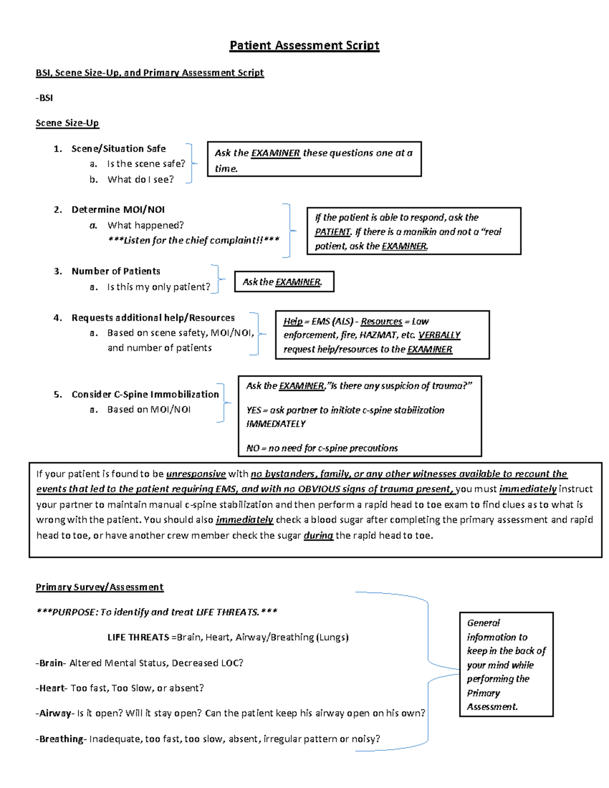 Full Patient Assessment Script - Patient Assessment Script BSI, Scene ...